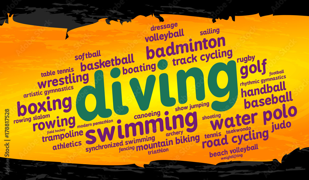 Diving. Word cloud, cool design, gold background. Summer sports. Stock ...
