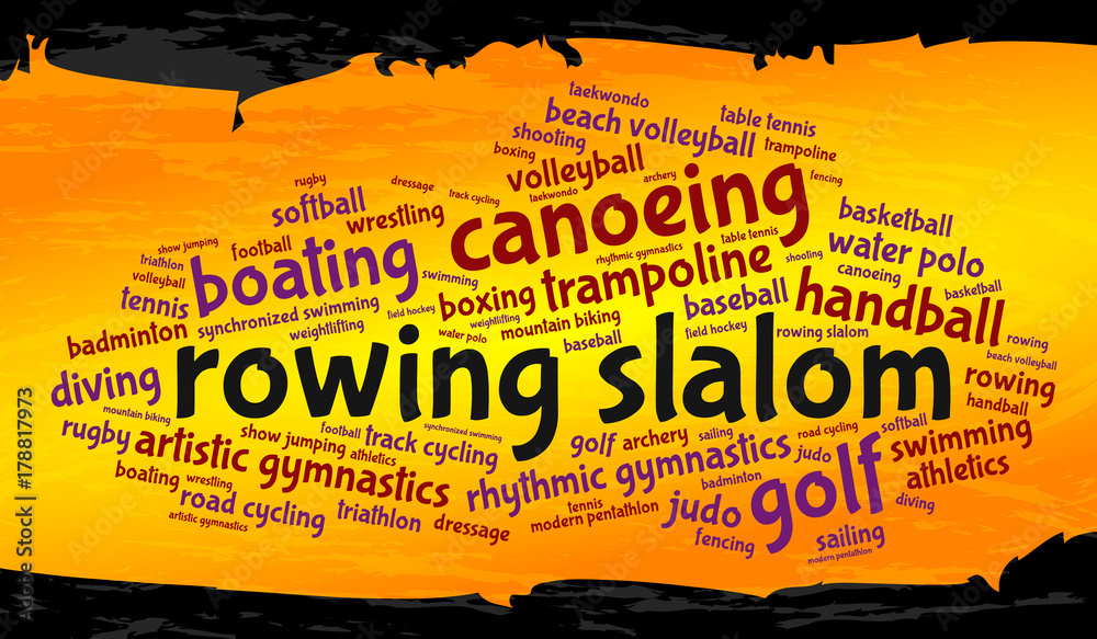 Rowing slalom. Word cloud, cool design, gold background. Summer sports ...
