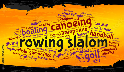 Rowing slalom. Word cloud, cool design, gold background. Summer sports. Stock Vector | Adobe Stock
