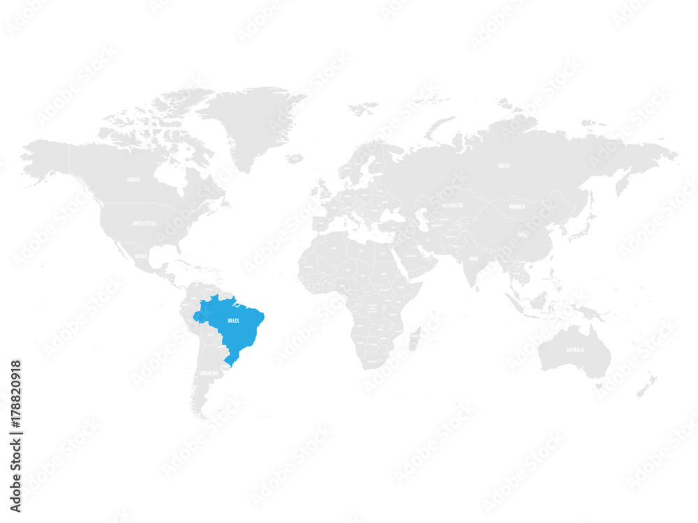 Brazil marked by blue in grey World political map. Vector illustration ...