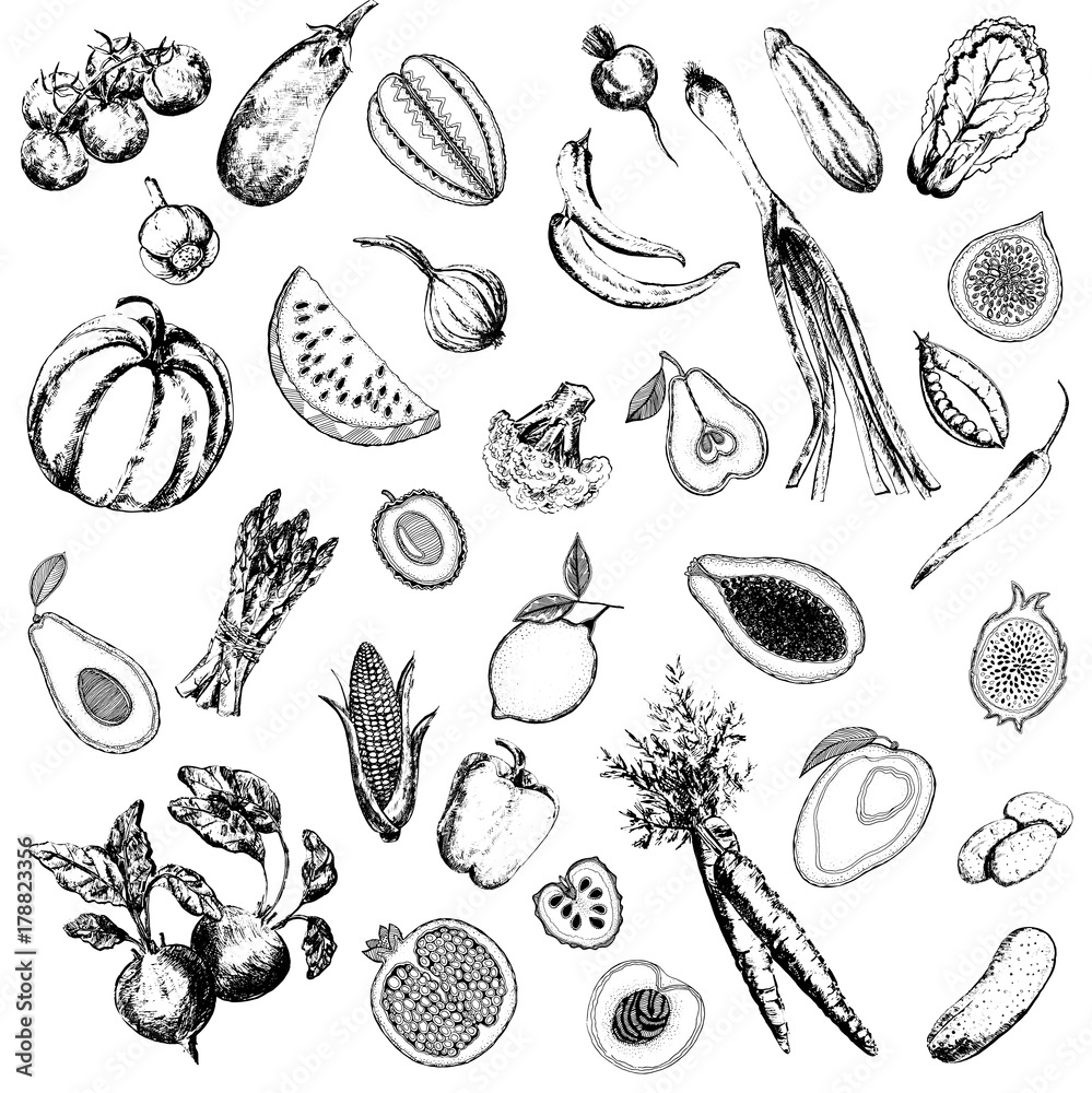Set of hand drawn sketch style fruits and vegetables. Vector ...