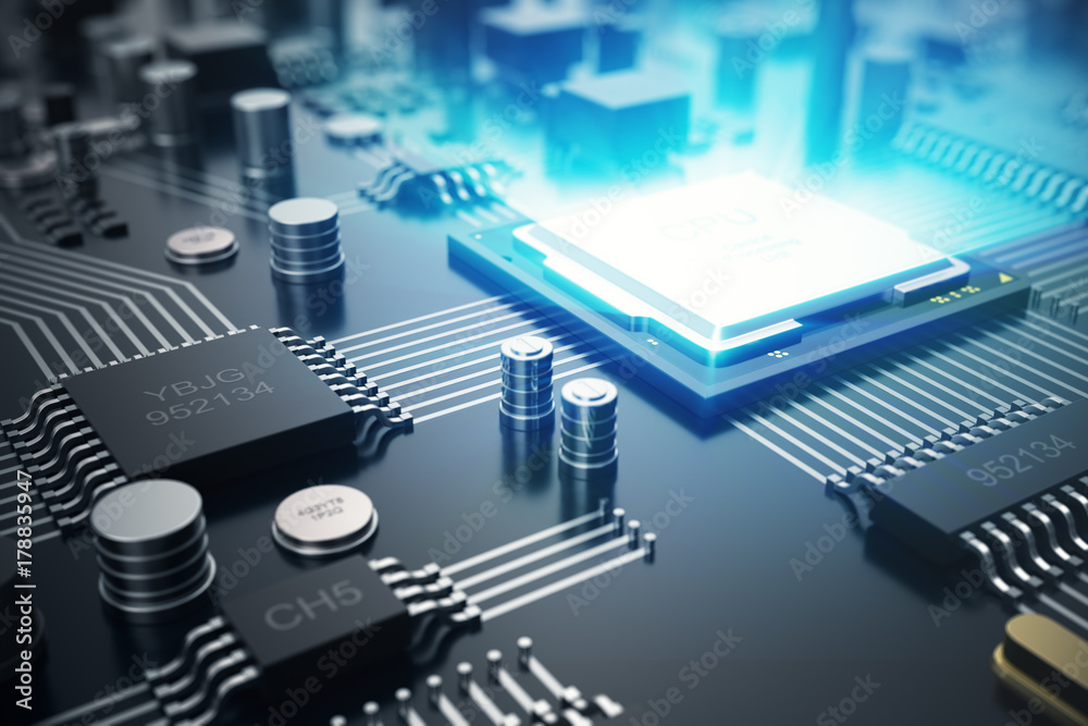 3D rendering Circuit board. Technology background. Central Computer ...