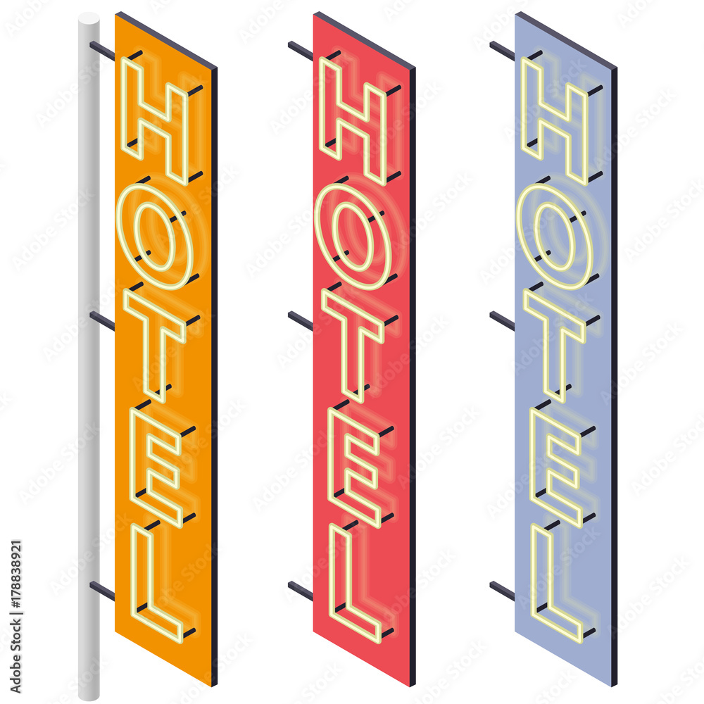 Hotel signboard. Neon outdoor advertising on motel facade in three ...