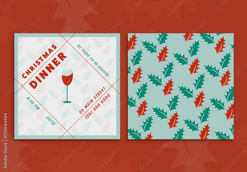 Christmas Dinner Invitation Card with Holly and Wine Glass Stock ...