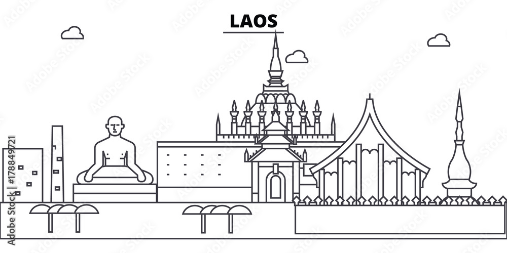 Laos architecture skyline: buildings, silhouette, outline landscape ...