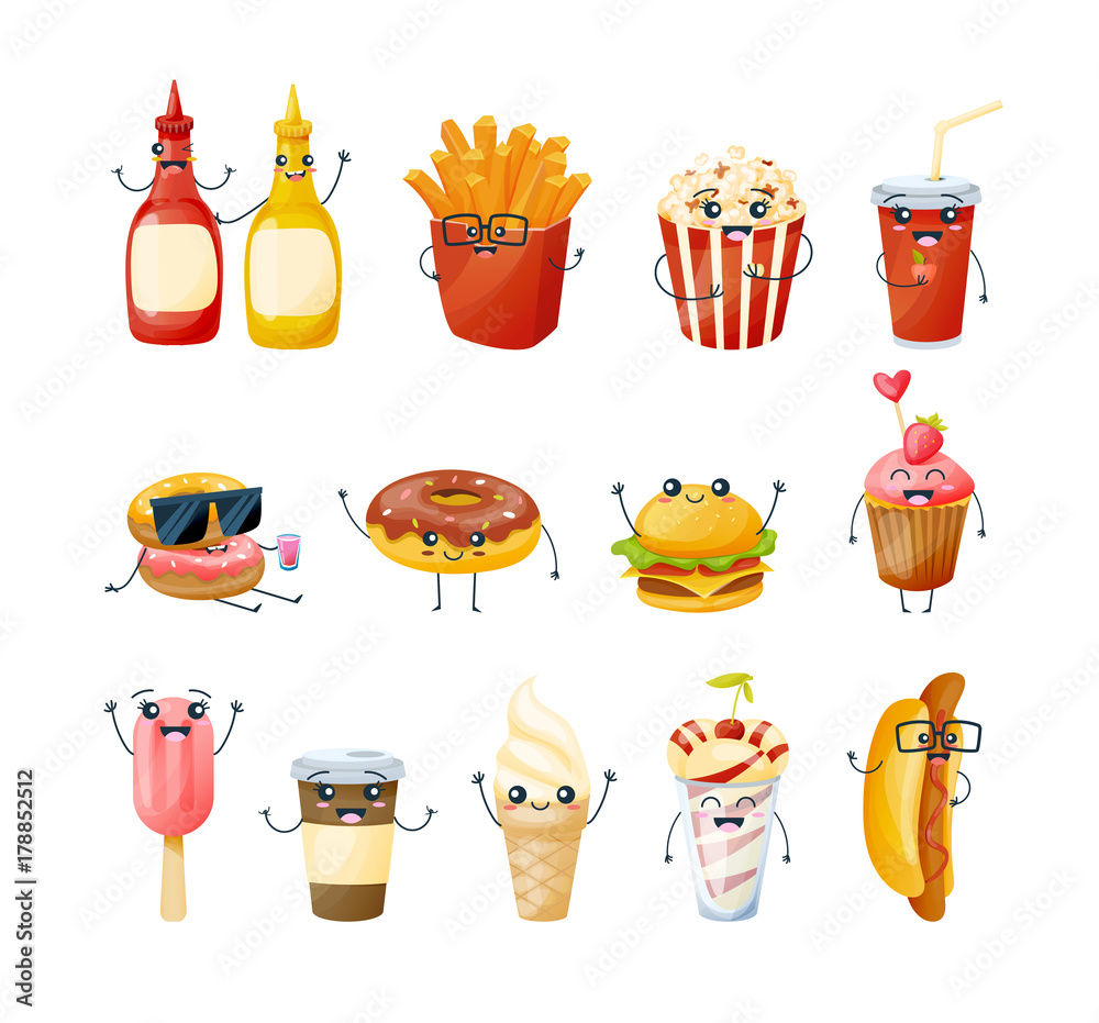 Set of funny characters delicious dishes, drinks from fast food Stock ...