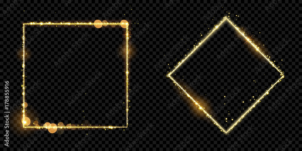 Golden frame squares of gold glitter light particles. Vector shiny ...