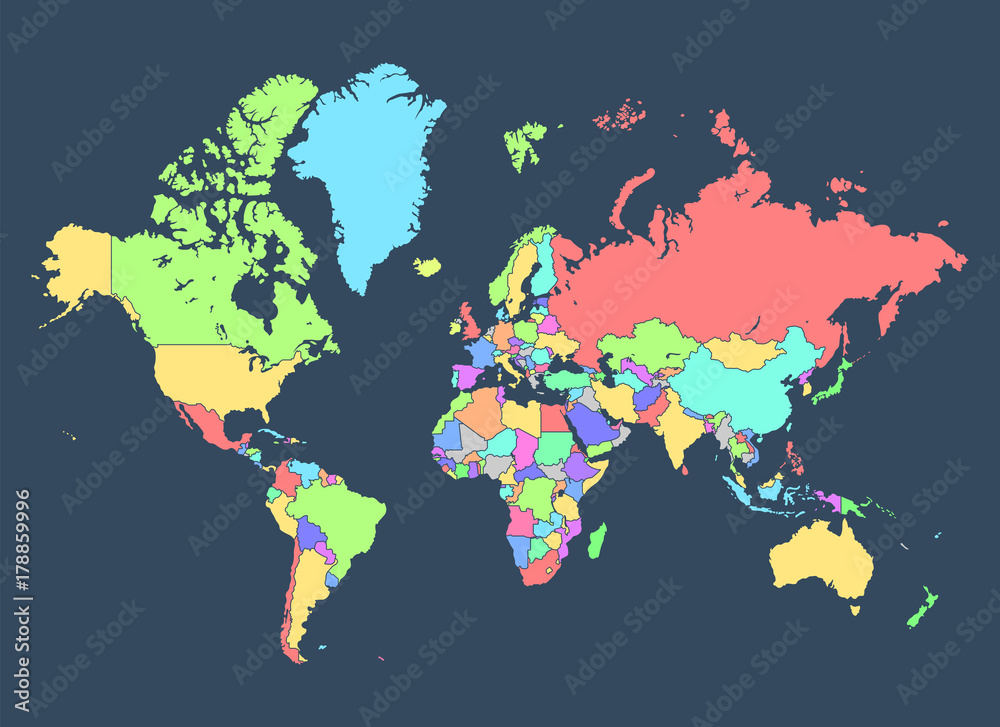 Political map of the world with countries separated by colors on a dark ...