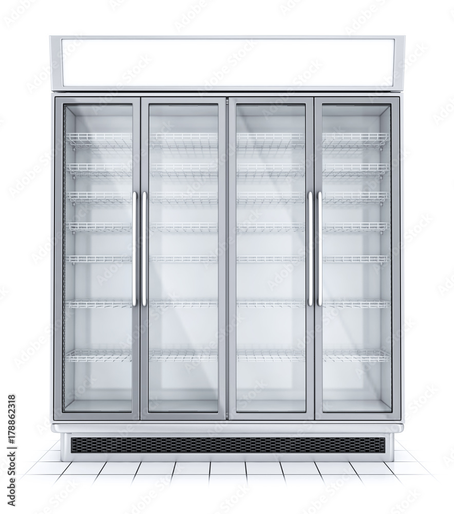 Fridge with transparent glass isolated. Refrigerator showcase on white ...