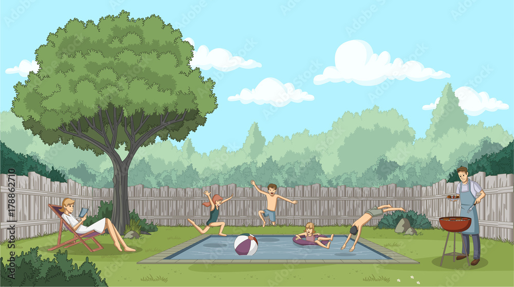 Cute happy cartoon children jumping into a swimming pool. Backyard with ...