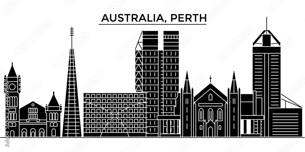 Australia, Perth architecture skyline, buildings, silhouette, outline ...