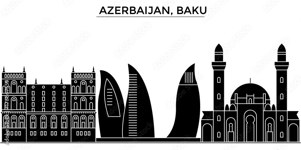 Azerbaijan, Baku architecture skyline, buildings, silhouette, outline ...