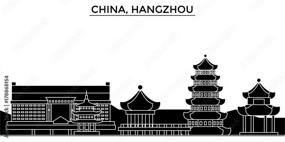 China, Hangzhou architecture skyline, buildings, silhouette, outline ...