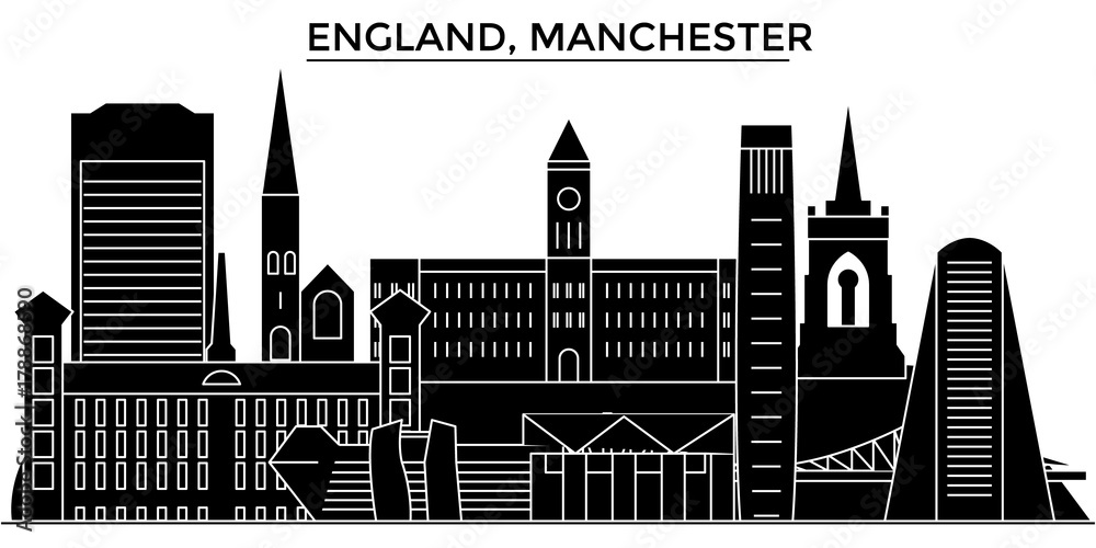 England, Manchester architecture skyline, buildings, silhouette ...