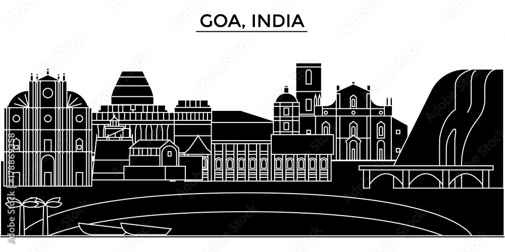 India, Goa architecture skyline, buildings, silhouette, outline ...