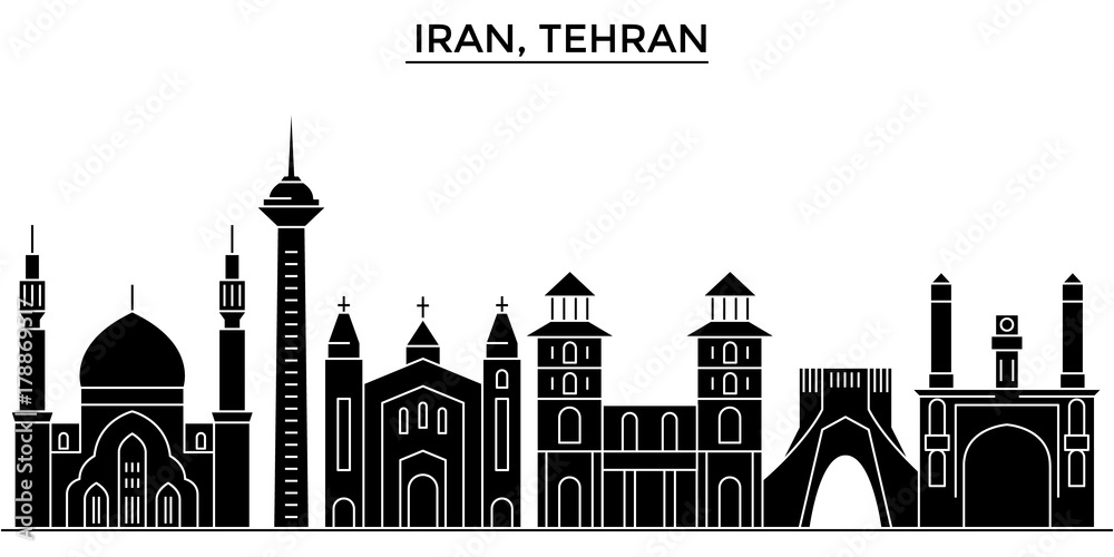 Iran, Tehran architecture skyline, buildings, silhouette, outline ...