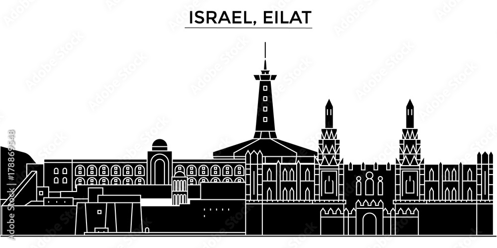 Israel, Eilat architecture skyline, buildings, silhouette, outline ...