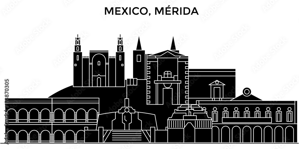 Mexico, Merida architecture skyline, buildings, silhouette, outline ...