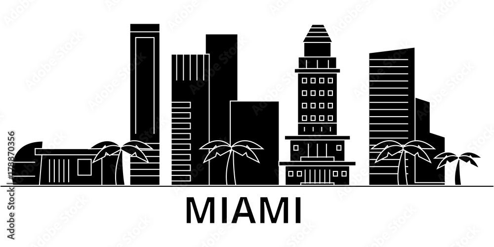 Miami architecture skyline, buildings, silhouette, outline landscape ...