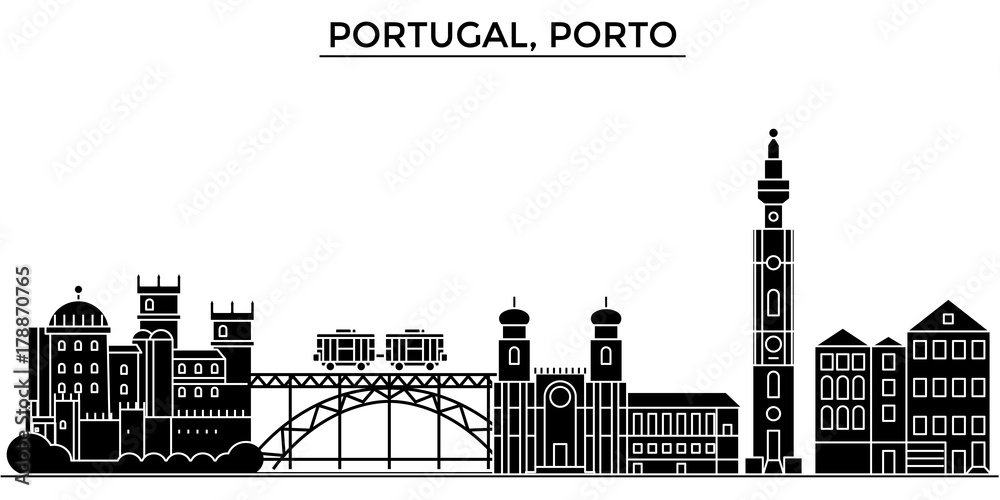 Portugal, Porto architecture skyline, buildings, silhouette, outline ...