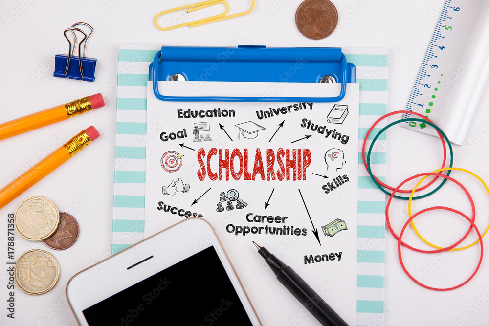 scholarship concept. Chart with keywords and icons. Office desk with ...