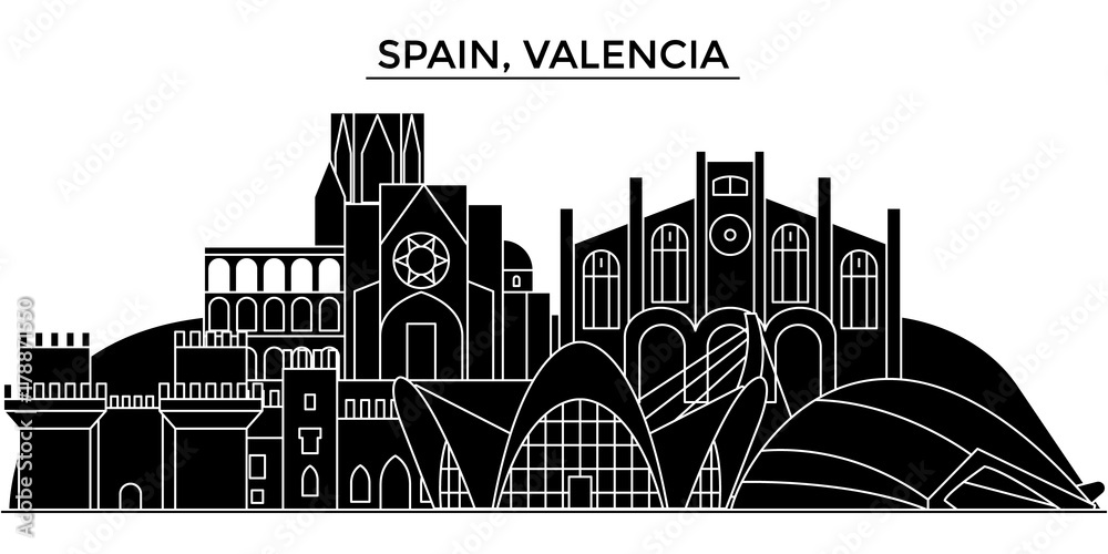 Spain, Valencia architecture skyline, buildings, silhouette, outline ...