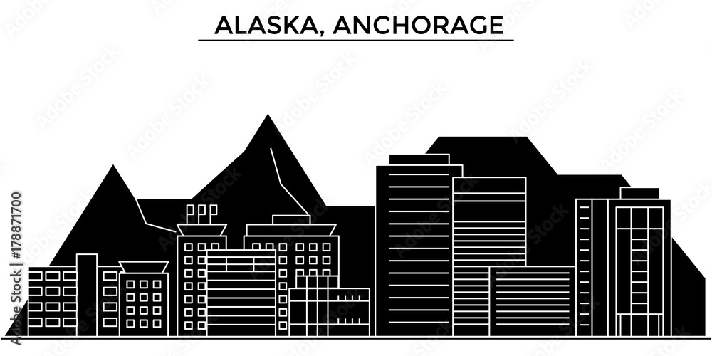 Usa, Alaska, Anchorage architecture skyline, buildings, silhouette ...