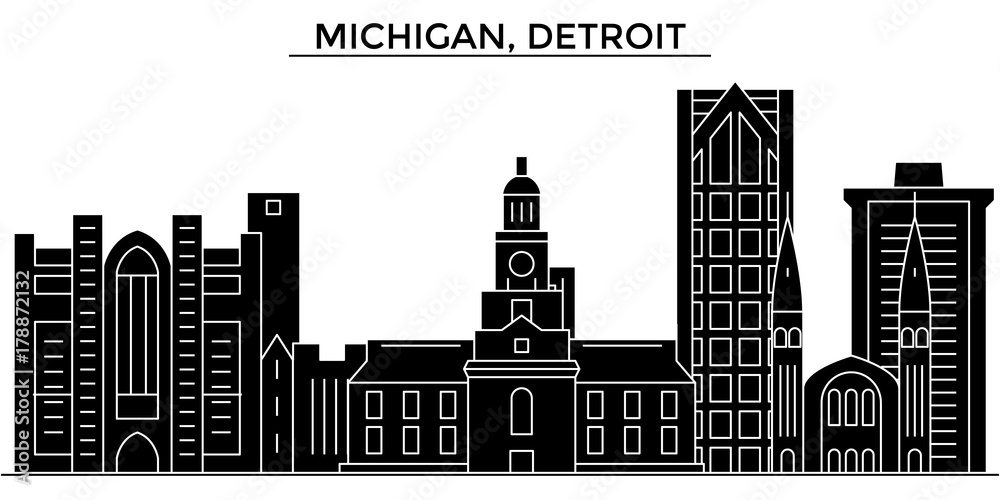 Usa, Michigan, Detroit architecture skyline, buildings, silhouette ...