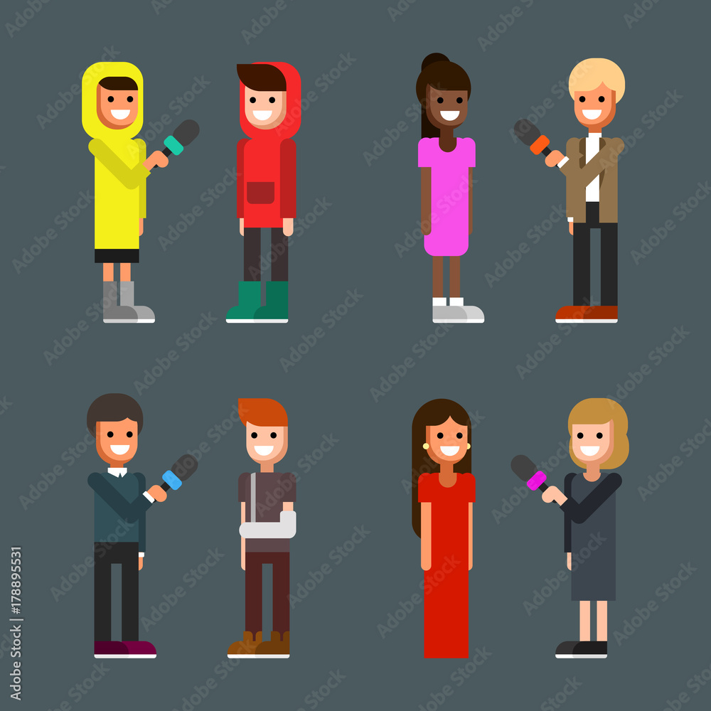 Collection of male and female news reporters interviewing different ...