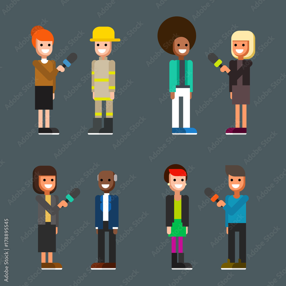 Collection of male and female news reporters, journalists or ...