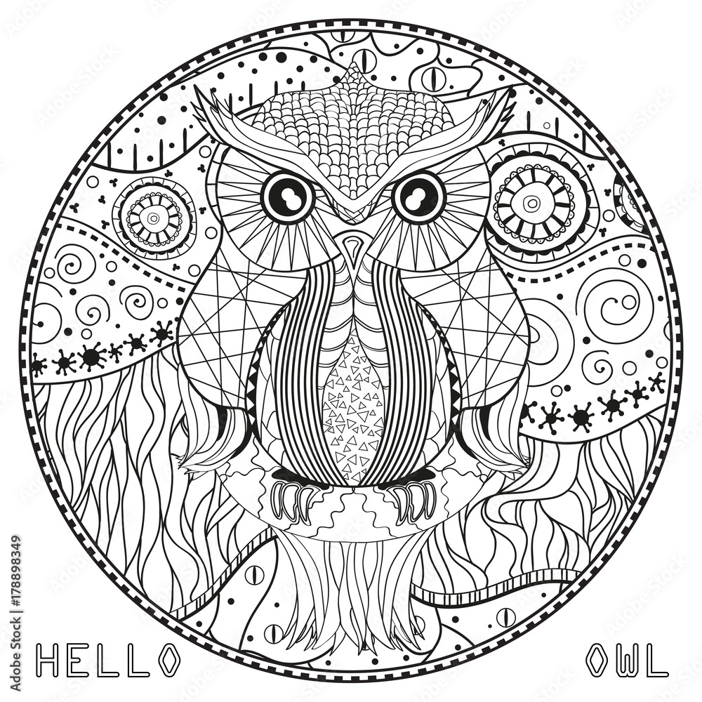 Owl. Mandala. Zentangle. Hand drawn circle zendala with abstract ...