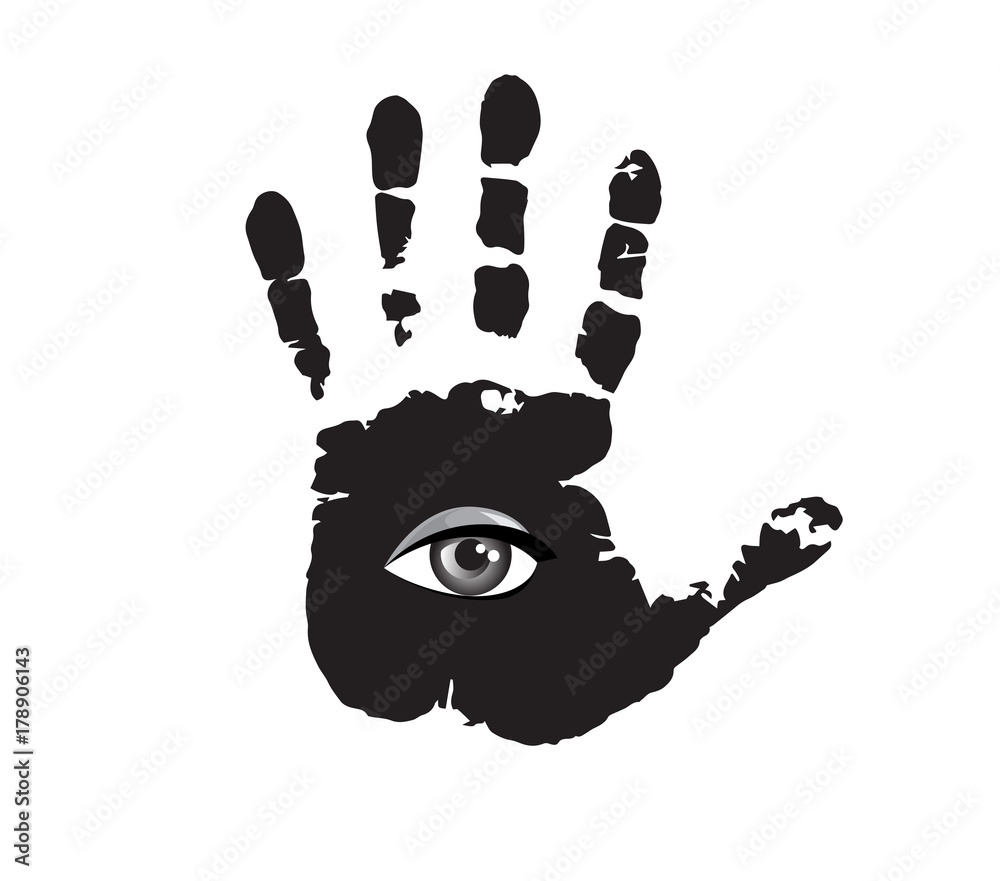 Black and white illustration of hand print with all seeing eye inside ...