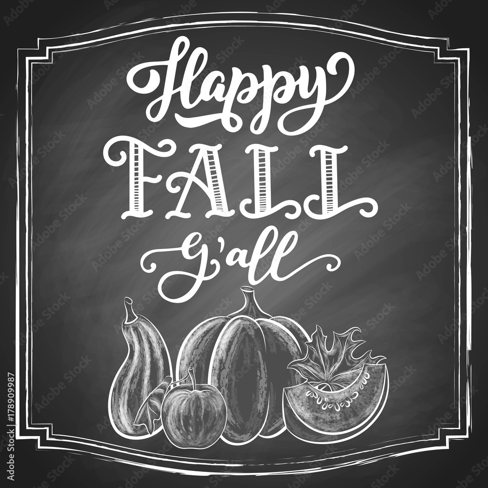 Happy Fall y'all chalk hand lettering, custom calligraphy with maple ...