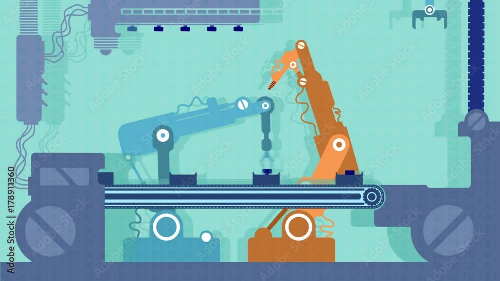 Conveyor production. Automated robotics perform cutting, fixing and ...