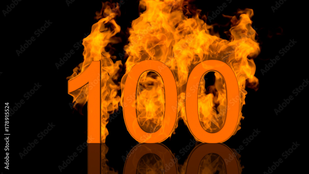 Flaming Number Hundred Centred on Black Background with Reflection as ...