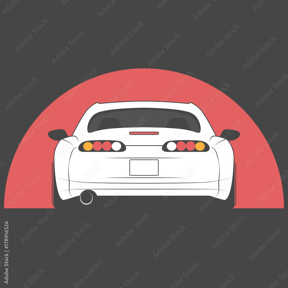 Vector sport japan car on red sun background. Car sketch. Back view ...