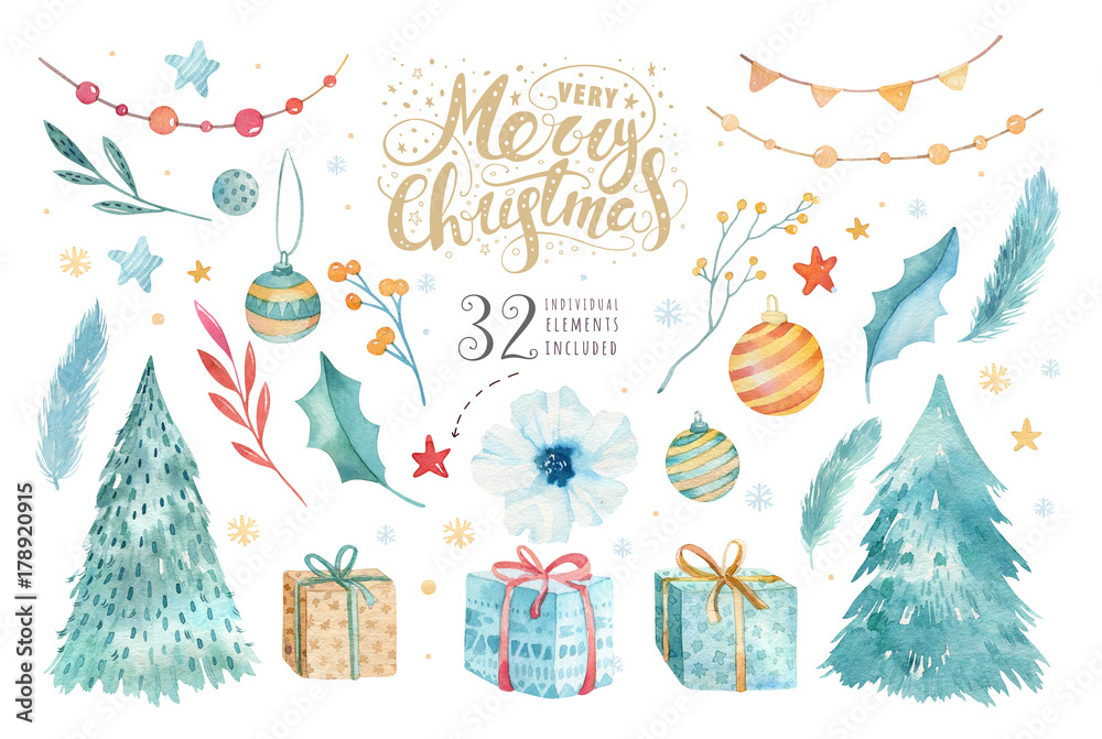 Merry Christmas watercolor set with floral elements. Happy New Year ...