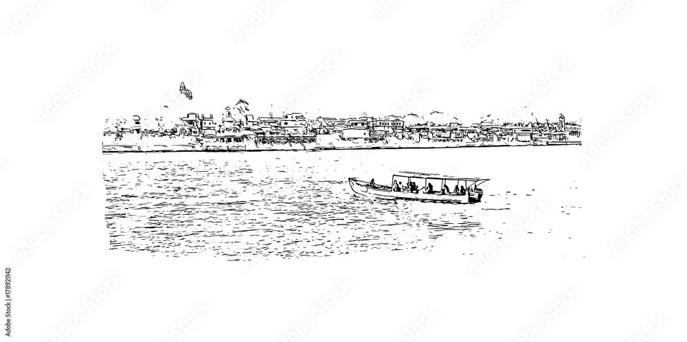 Hand drawn sketch of Rishikesh Uttarakhand, India in vector ...