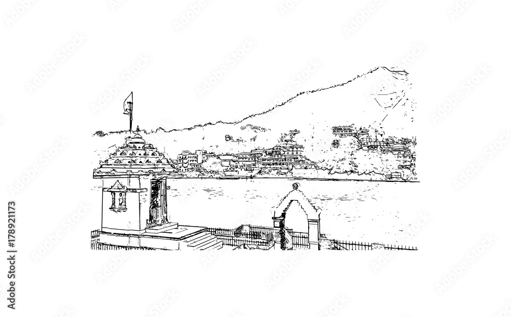 Hand drawn sketch of Rishikesh Uttarakhand, India in vector ...