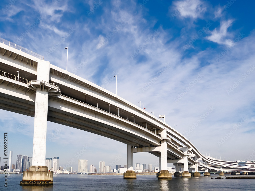 Tokyo bay with rainbow bridge closeup in Japan. Rainbow Bridge is a ...