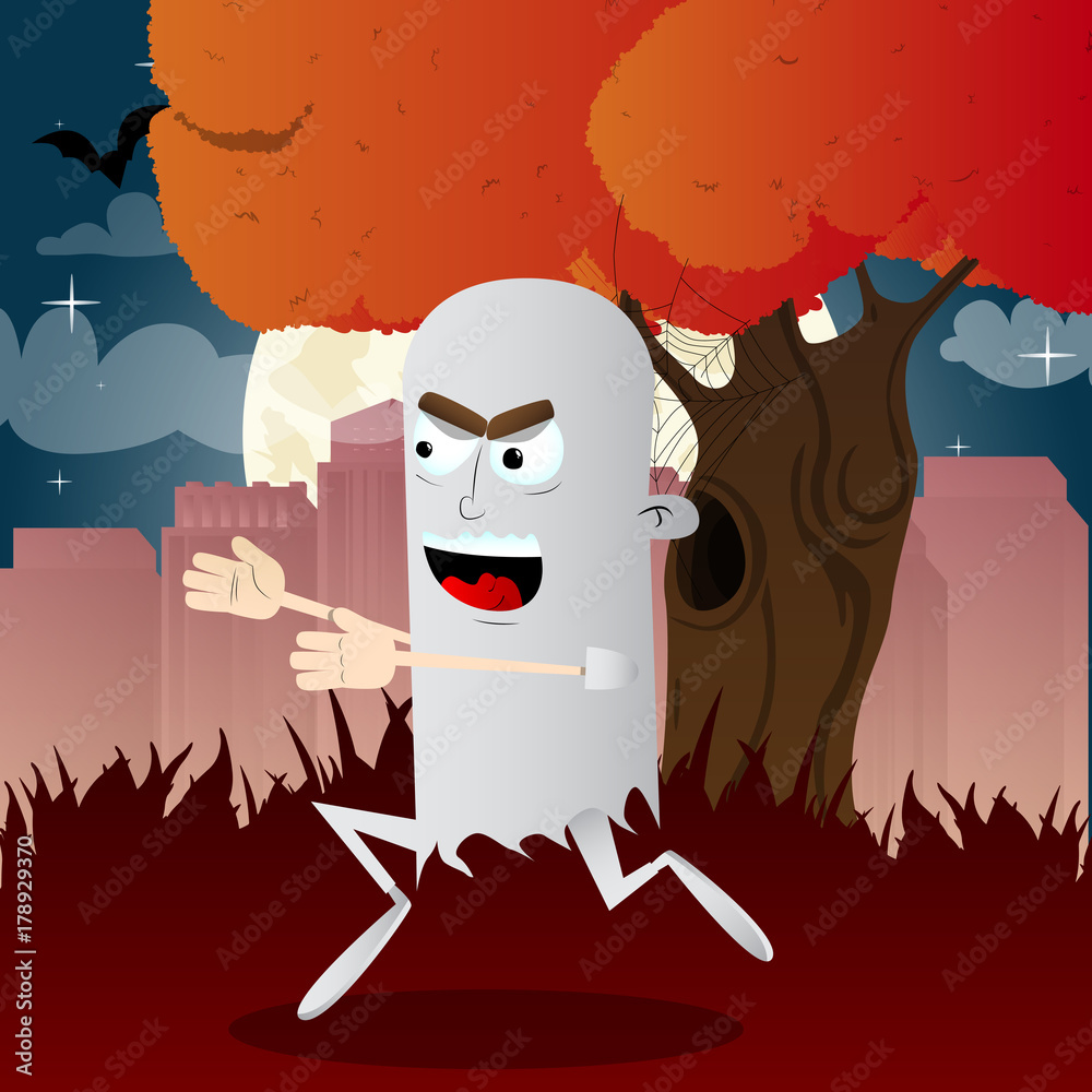 Celebrating Halloween In a ghost costume, City in the background ...