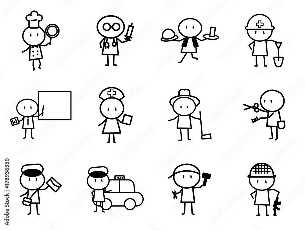 Set of Cartoon simple line character in variety careers with idea ...
