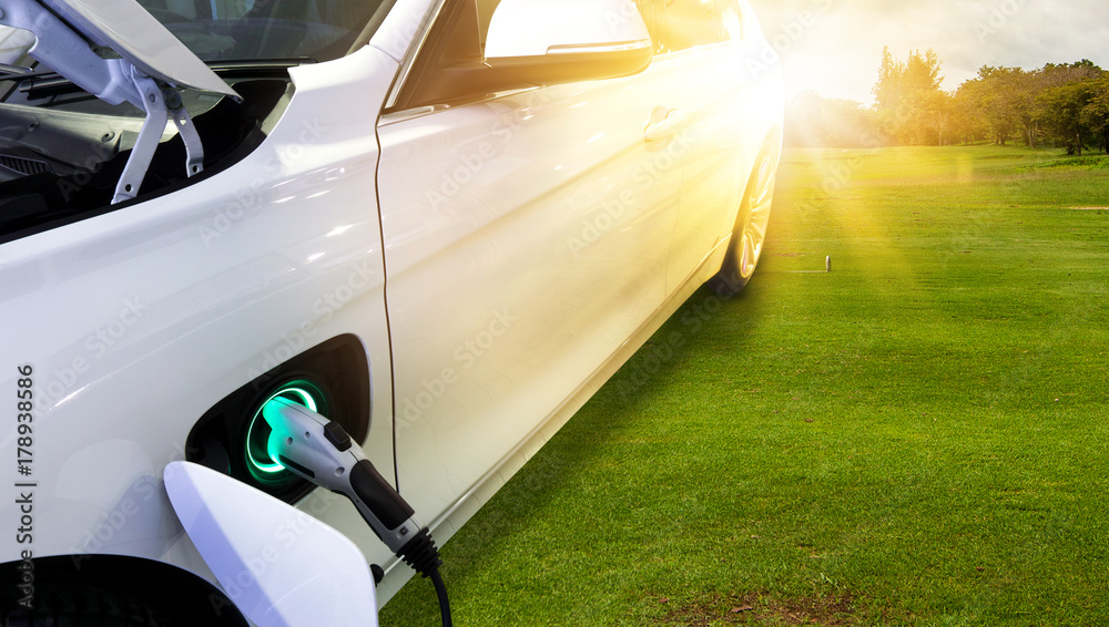 Power supply connect to electric car with nature background. Technology ...