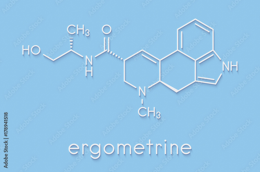 Ergometrine drug molecule. Used to prevent bleeding after childbirth ...
