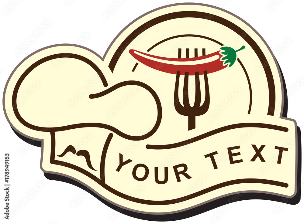 Restaurant logo with chili pepper, fork, chef hat, and banner for your ...