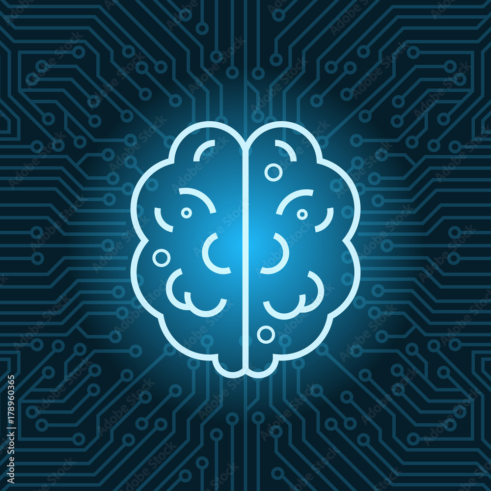 Brain Shape Icon Over Blue Circuit Motherboard Background Top View ...