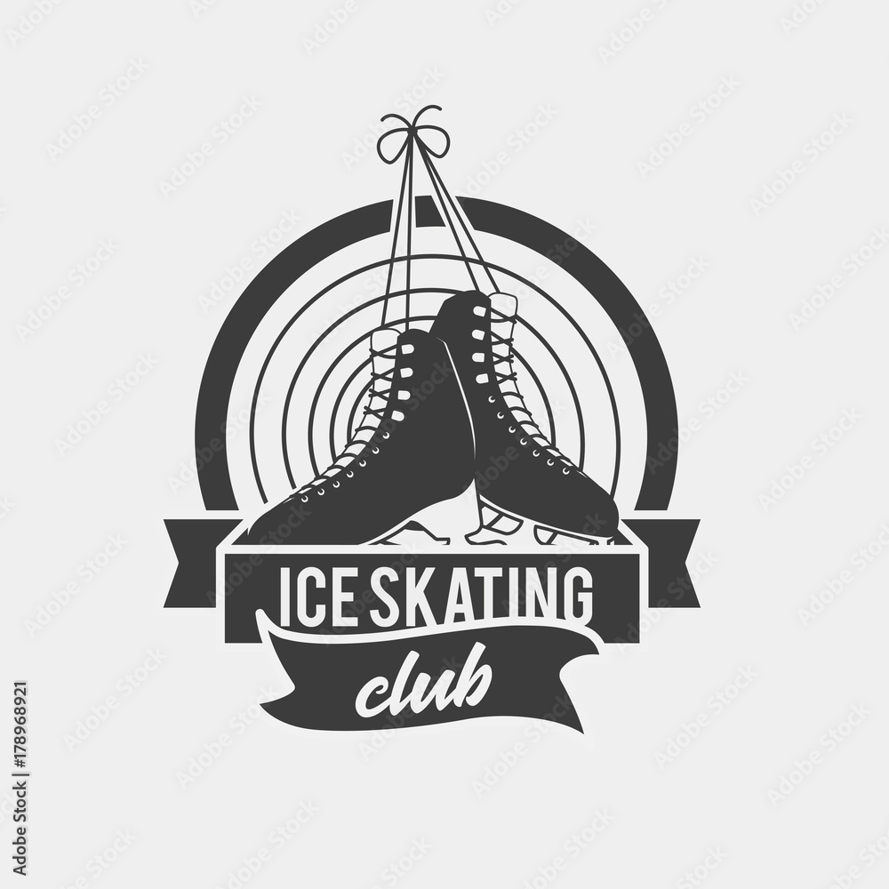 Logo with a pair of tied ice skates. Monochrome badge template. This ...