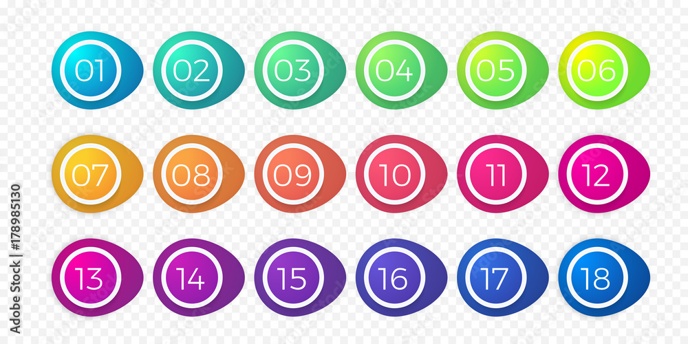 Number bullet point flat color gradient web icons set 1 to 18. Vector isolated step circle ...