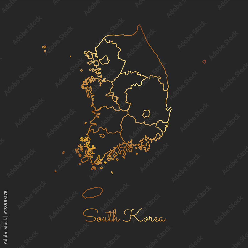 South Korea region map: golden gradient outline on dark background ...