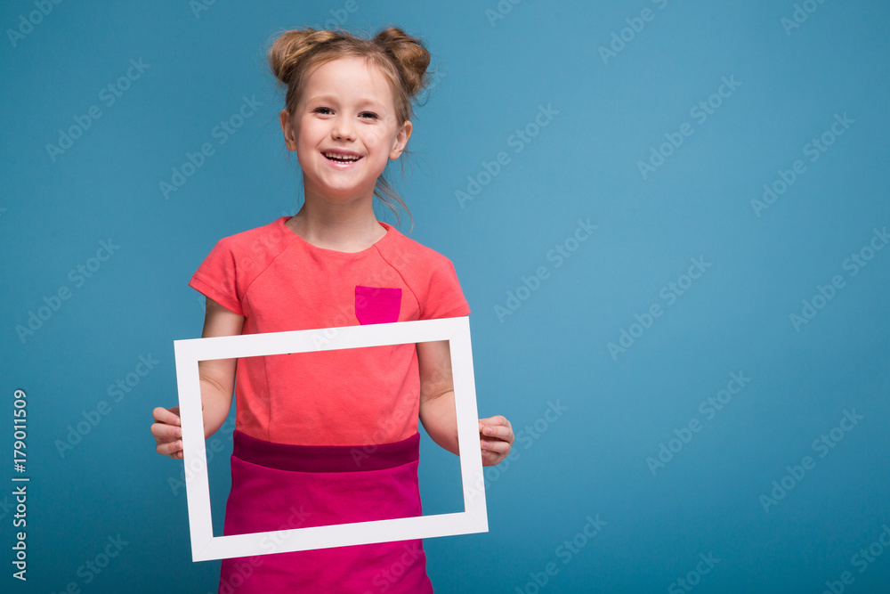 Beautiful cute little girl in pink dress holds picture frame Stock ...
